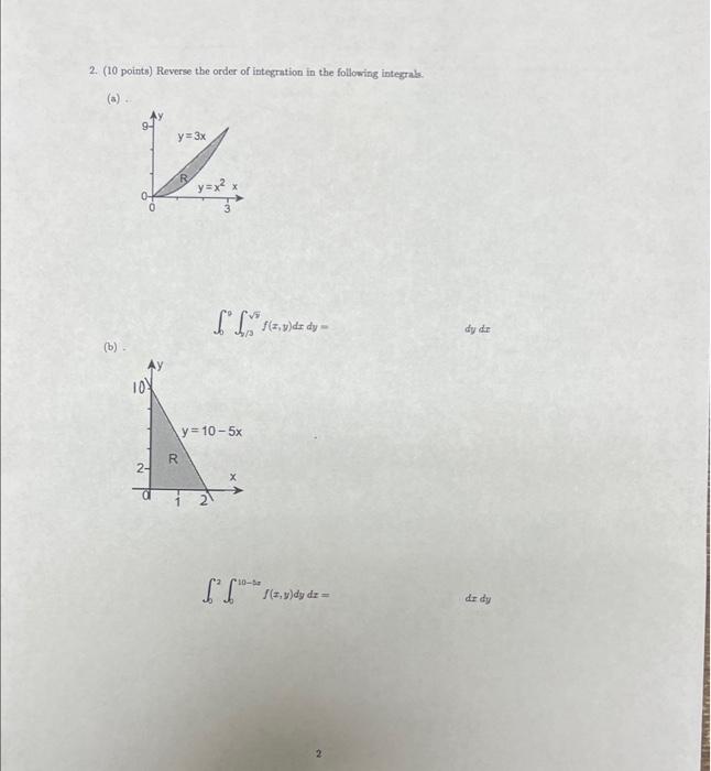 Solved 2. (10 points) Reverse the order of integration in | Chegg.com