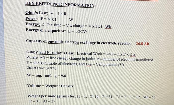 Solved KEY REFERENCE INFORMATION: Ohm's Law: V=IXR Power: P | Chegg.com