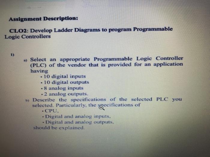 Solved Assignment Description: CLO2: Develop Ladder Diagrams | Chegg.com