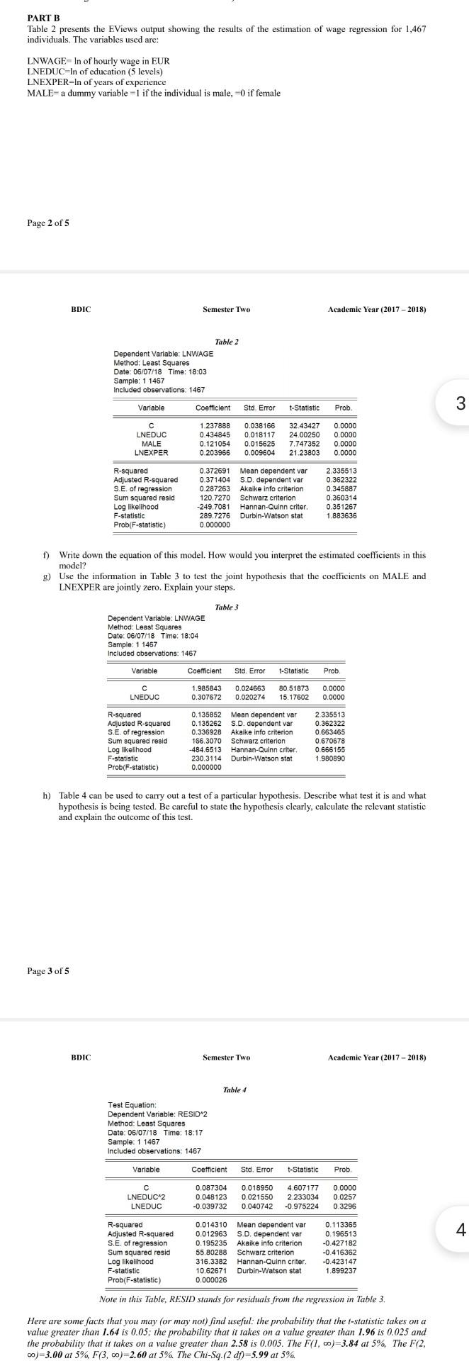 Solved PART A Table 1 presents the EViews output showing the | Chegg.com