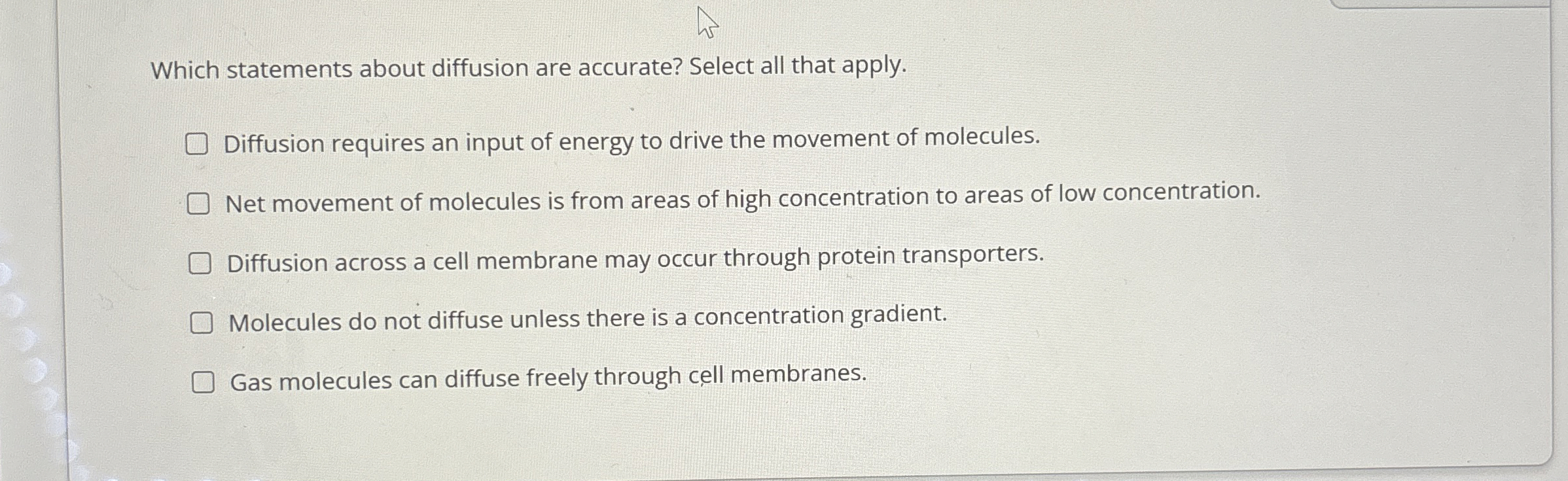 Solved Which statements about diffusion are accurate? Select | Chegg.com