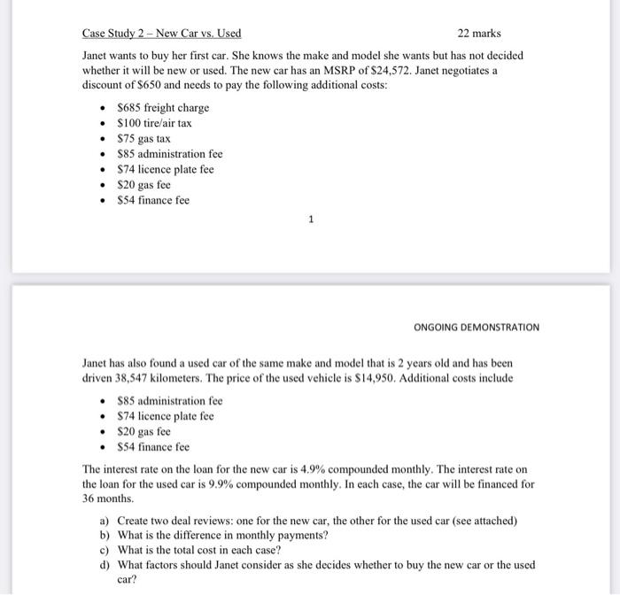 Solved Case Study 2 - New Car vs. Used 22 marks Janet wants | Chegg.com