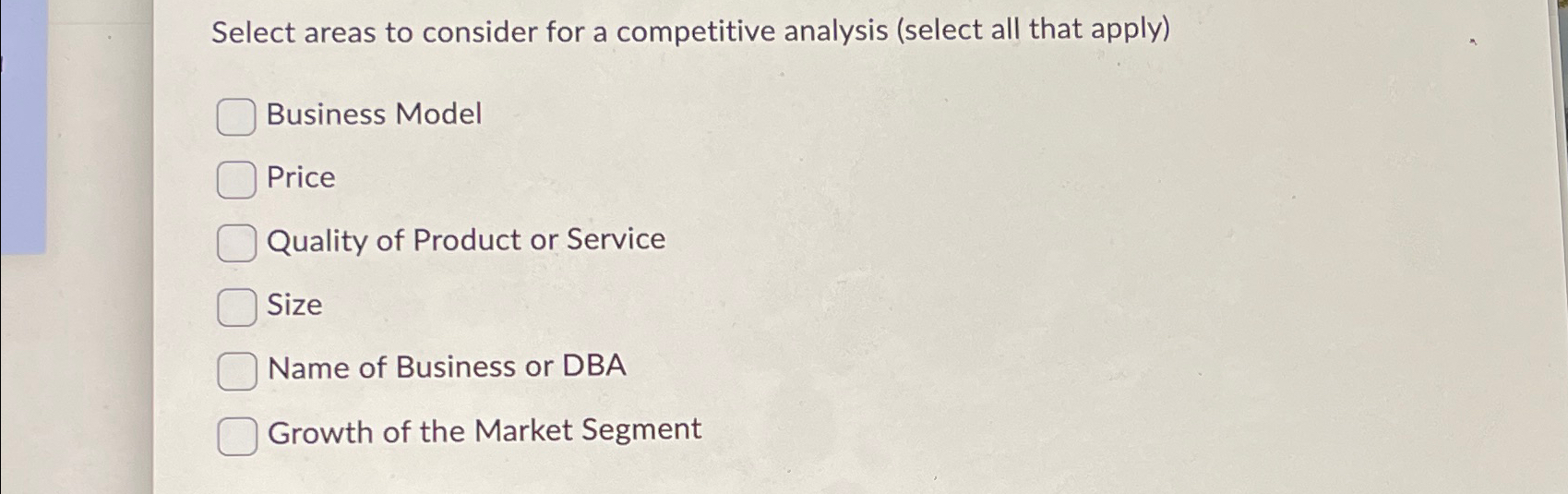 Solved Select areas to consider for a competitive analysis | Chegg.com