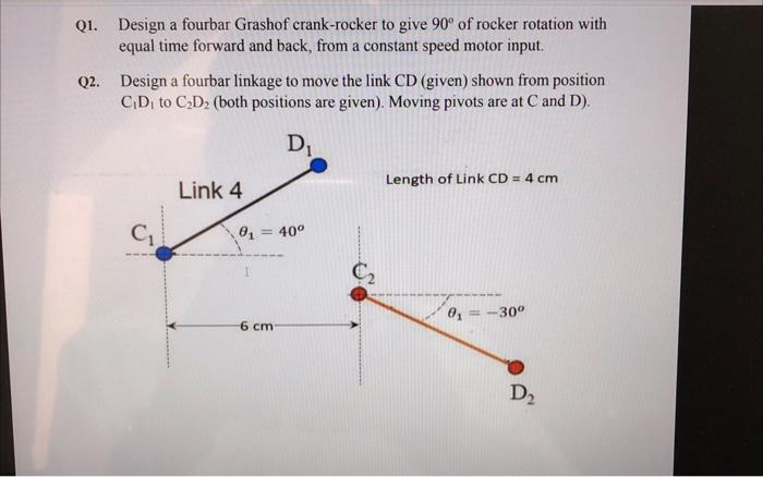 Solved Q1. Design a fourbar Grashof crank-rocker to give 90∘ | Chegg.com