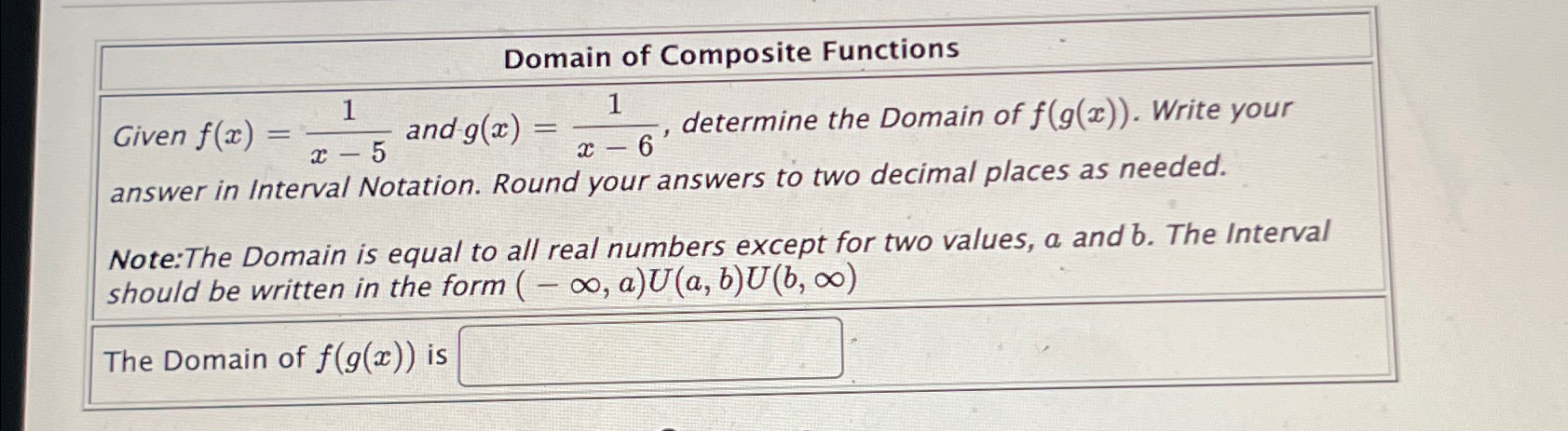 Solved Domain of Composite FunctionsGiven f(x)=1x-5 ﻿and | Chegg.com