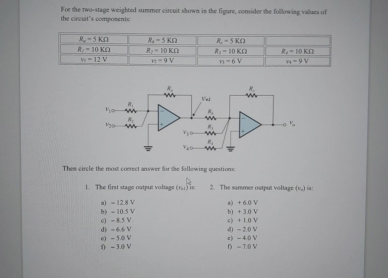Solved For the two-stage weighted summer circuit shown in | Chegg.com