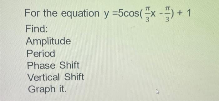 Solved For the equation y=5cos(3πx−3π)+1 Find: Amplitude | Chegg.com