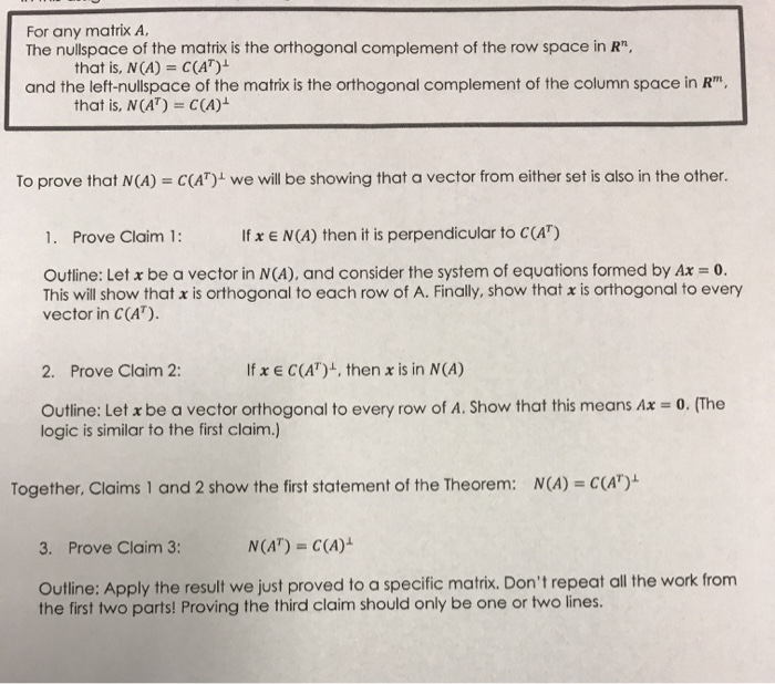 Solved For any matrix A The nullspace of the matrix is the | Chegg.com