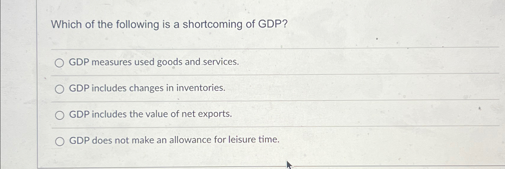Solved Which of the following is a shortcoming of GDP?GDP | Chegg.com