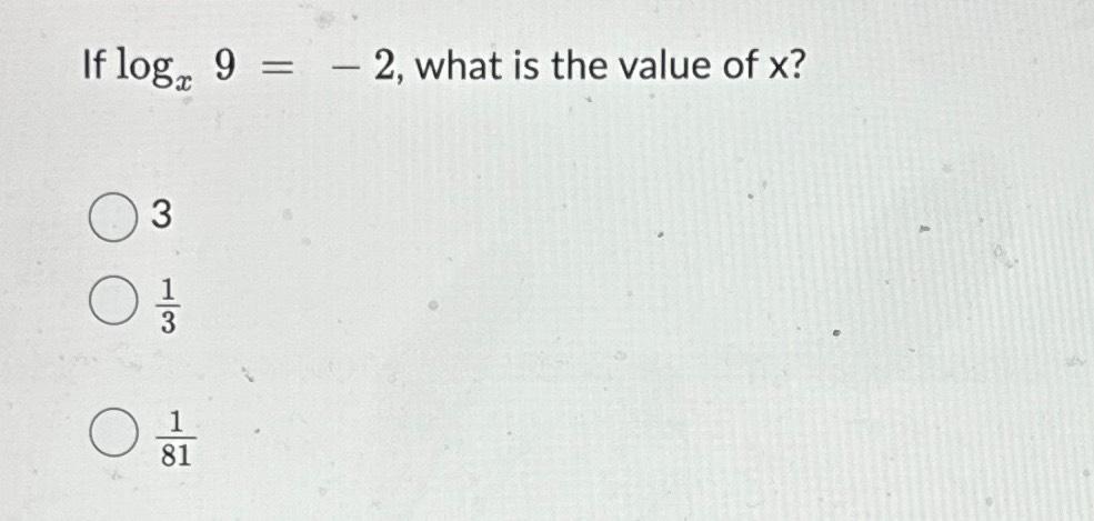 Solved If logx9=-2, ﻿what is the value of x ?313181 | Chegg.com