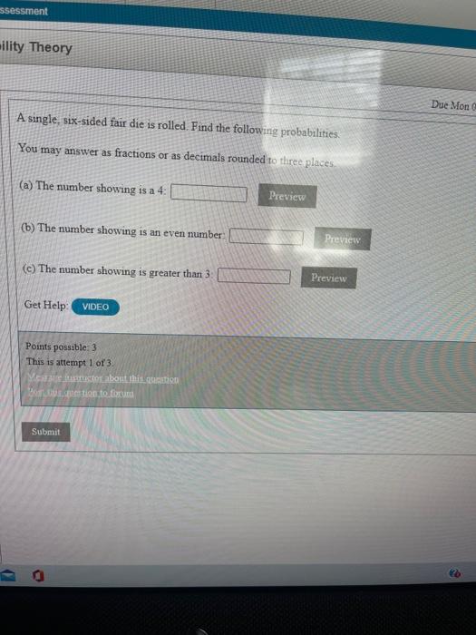 Solved ssessment ility Theory A single, six-sided fair die | Chegg.com