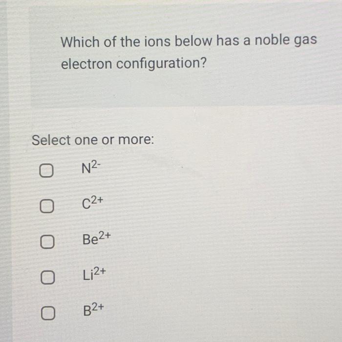 Solved Which of the ions below has a noble gas electron | Chegg.com