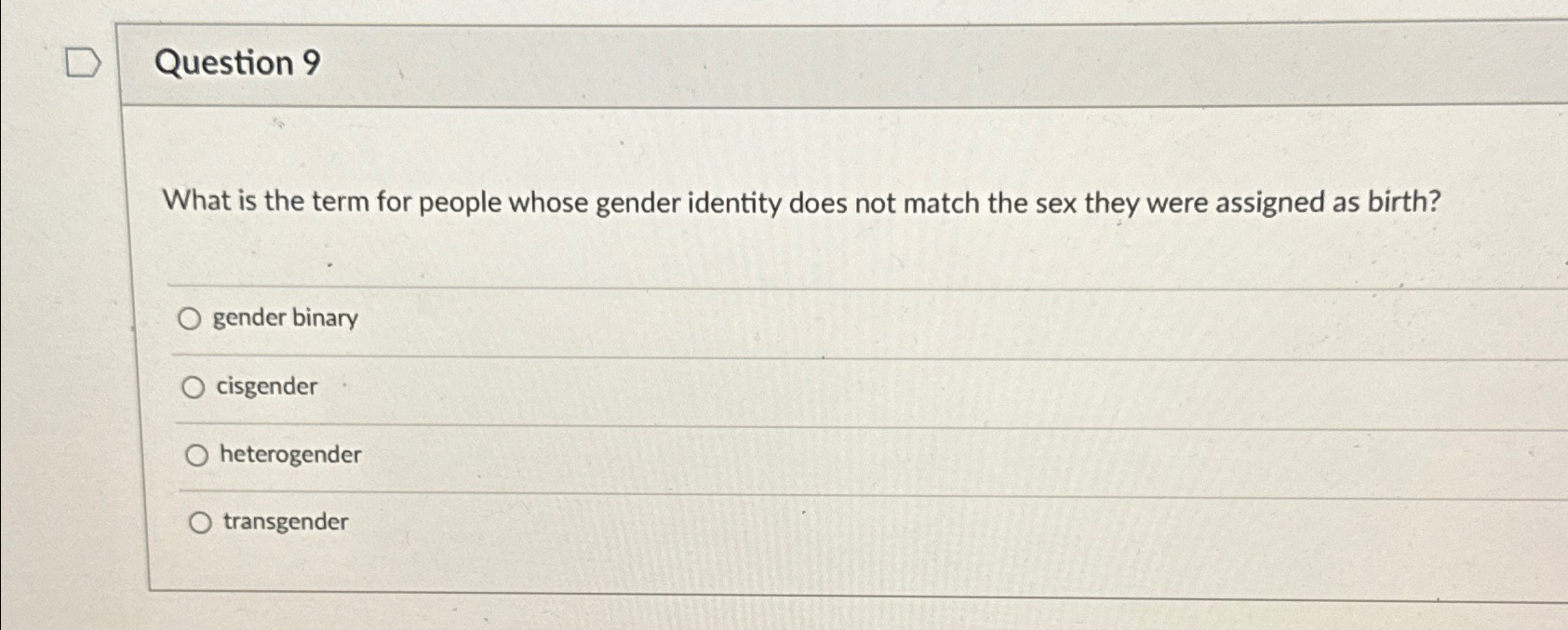 Solved Question 9What is the term for people whose gender | Chegg.com Solved Question 9What is the term for people whose gender | Chegg.com