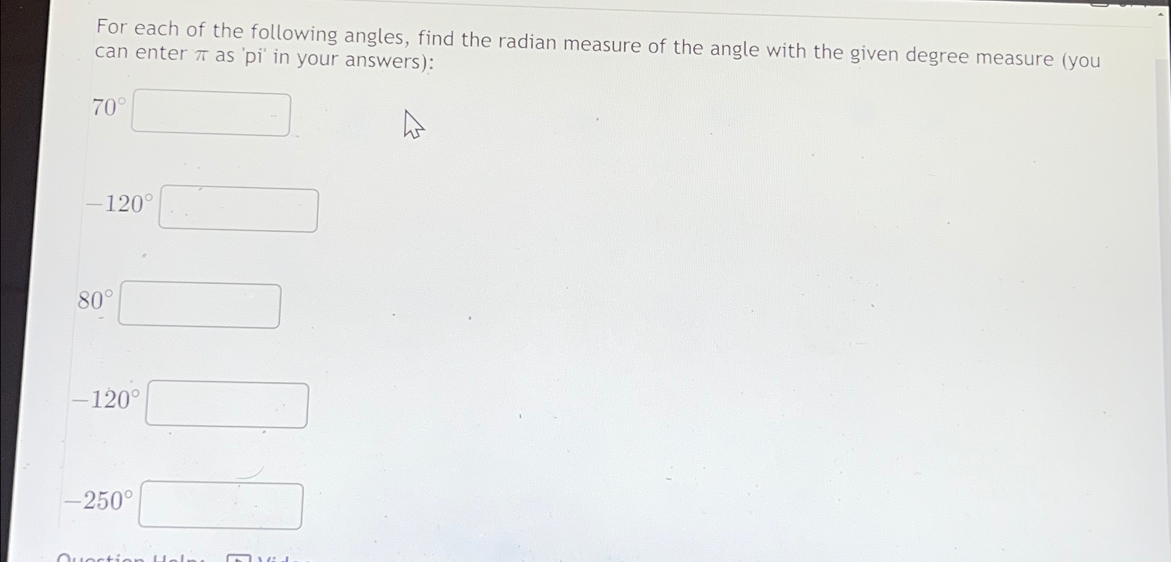Solved For each of the following angles, find the radian | Chegg.com