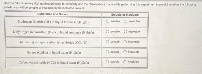 Solved Use the "like dissolves like" guiding principle for | Chegg.com
