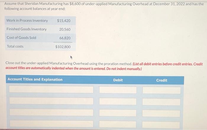 Solved Assume that Sheridan Manufacturing has $8,600 of | Chegg.com