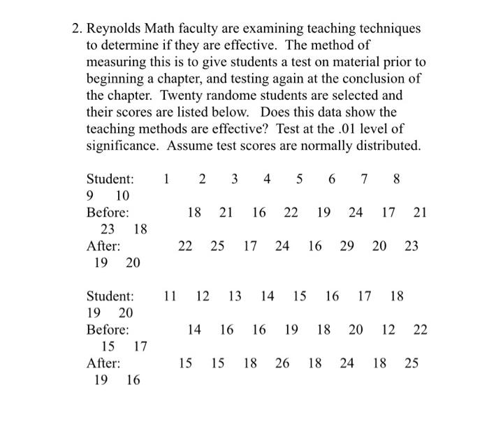 Solved 2. Reynolds Math faculty are examining teaching | Chegg.com