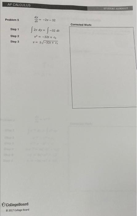 Solved AP CALCULUS STUDENT HANDOUT Problem 5 dy =-2-32 dt | Chegg.com