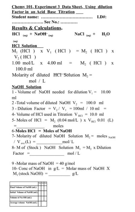 Solved Chemy 101. Experiment 3 Data Sheet. Using dilution | Chegg.com