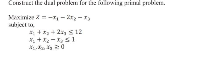 Solved Construct the dual problem for the following primal | Chegg.com