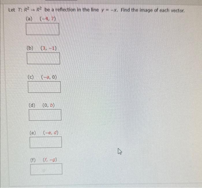 Solved Let T:R2→R2 be a reflection in the line y=−x. Find | Chegg.com