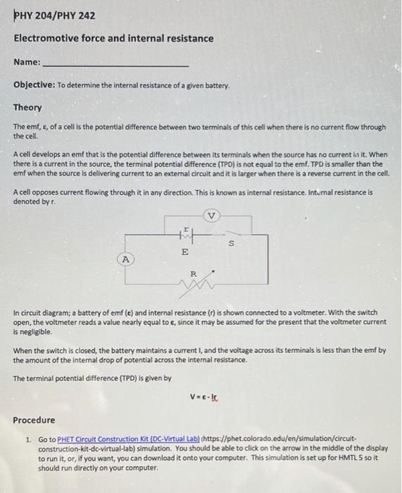 PHY 204/PHY 242 Electromotive force and internal | Chegg.com