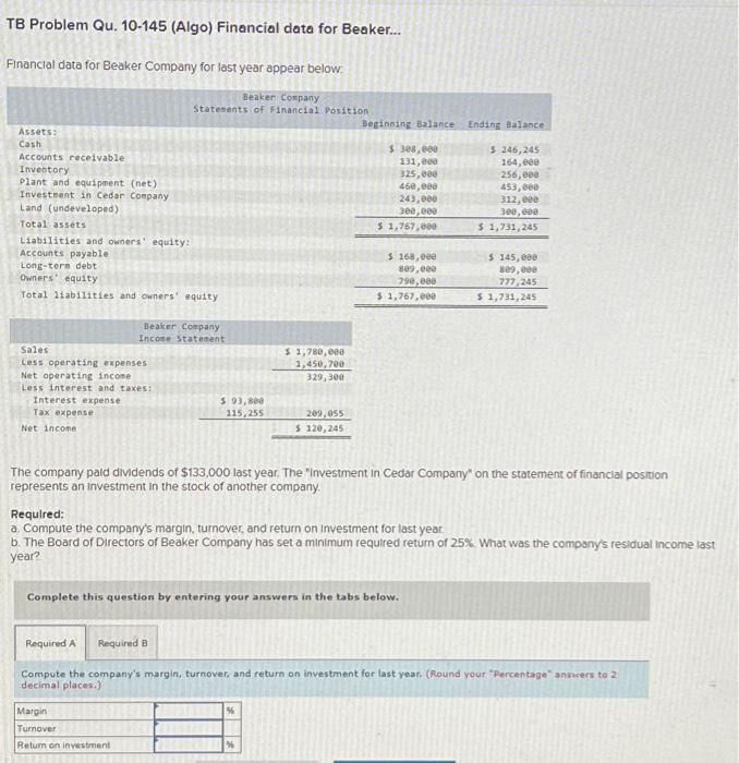 Solved TB Problem Qu. 10-145 (Algo) Financial date for | Chegg.com