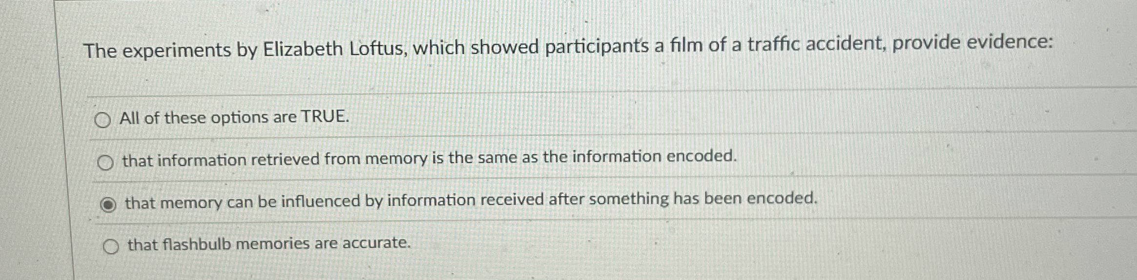 Solved The experiments by Elizabeth Loftus, which showed | Chegg.com