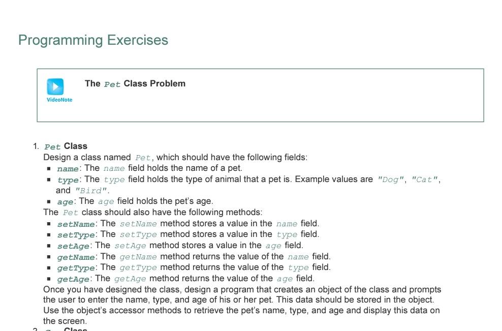 Watch the VideoNote Classes and Objects first, then | Chegg.com
