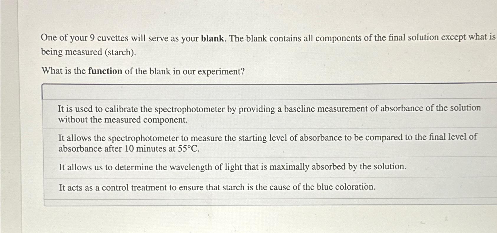 Solved One of your 9 ﻿cuvettes will serve as your blank. The | Chegg.com