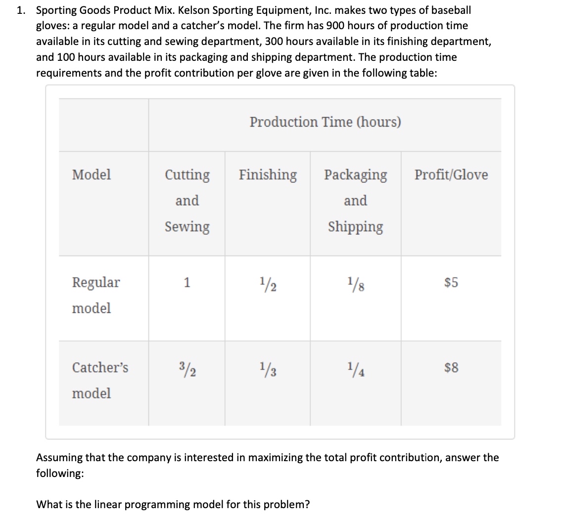 Solved Sporting Goods Product Mix. Kelson Sporting | Chegg.com