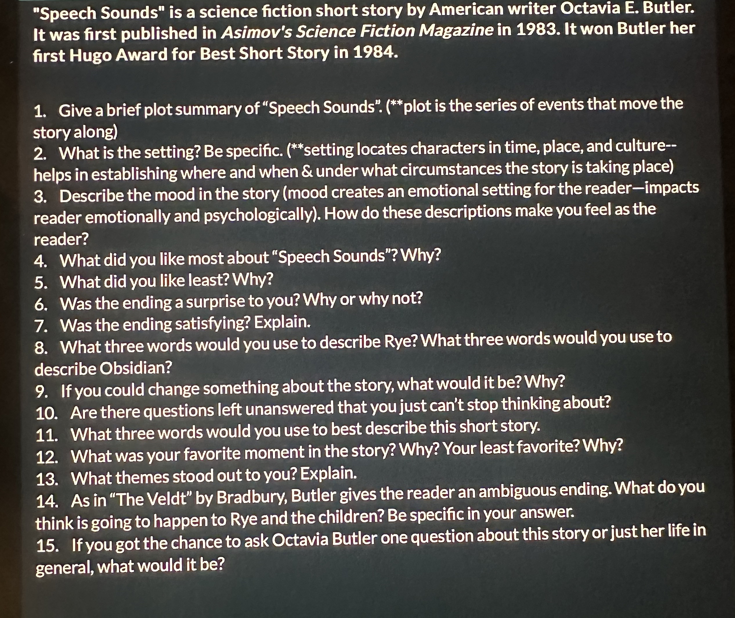 Solved "Speech Sounds" is a science fiction short story by | Chegg.com