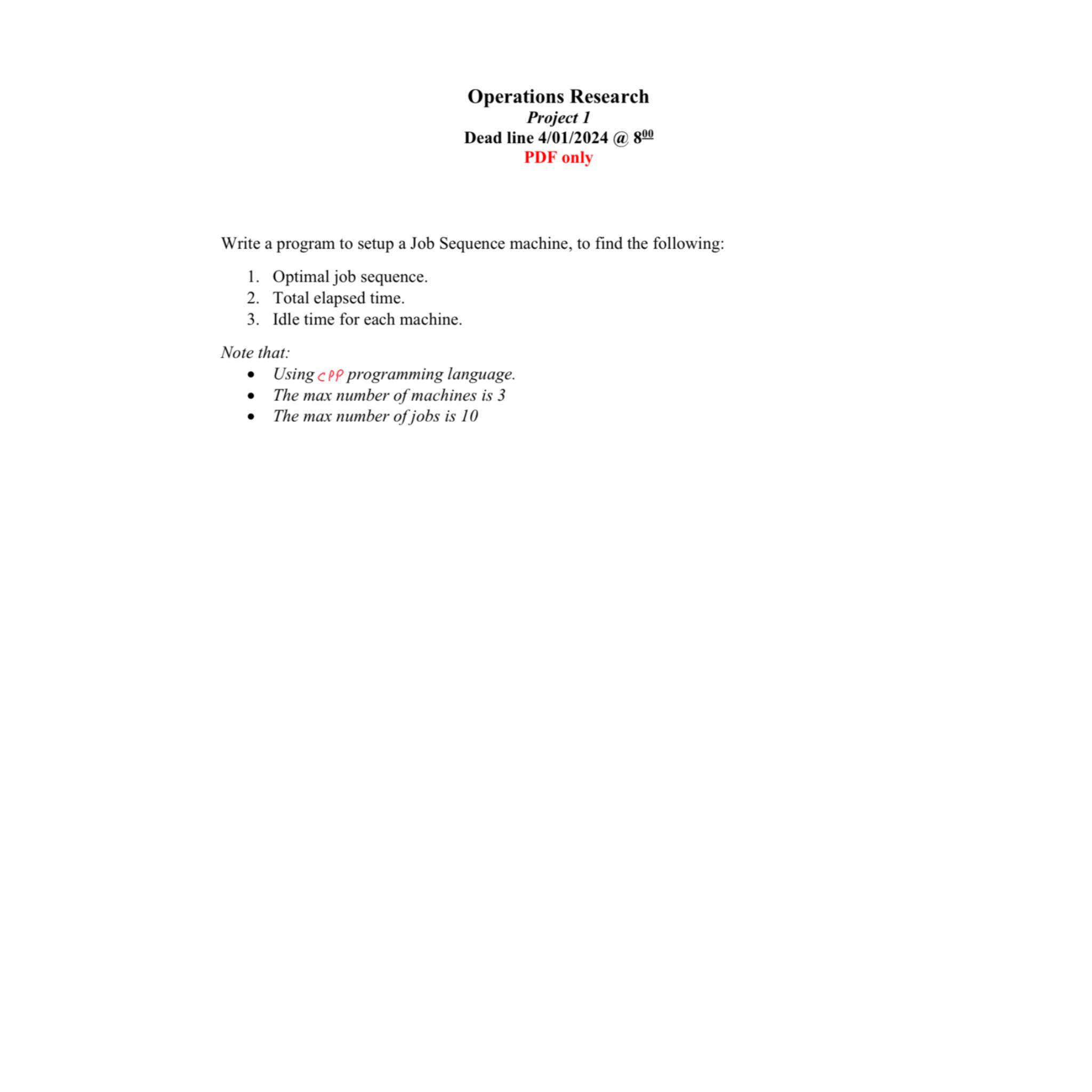 Solved Operations ResearchProject 1Dead line 4/01/2024 ﻿@ | Chegg.com