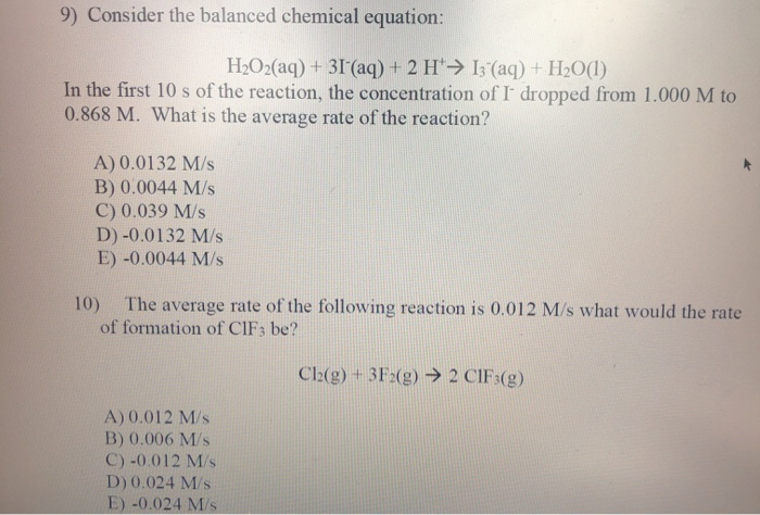 Solved 9) Consider the balanced chemical equation: H2O2(aq) | Chegg.com