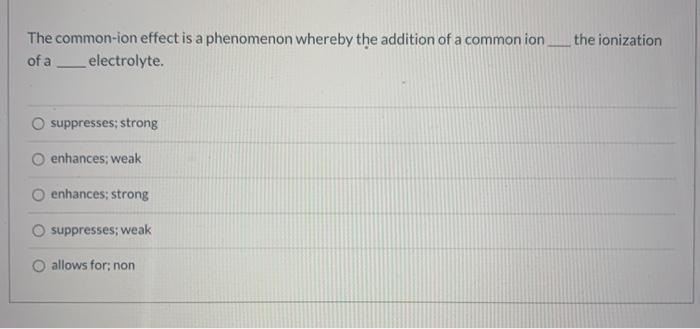 Solved The common-ion effect is a phenomenon whereby the | Chegg.com