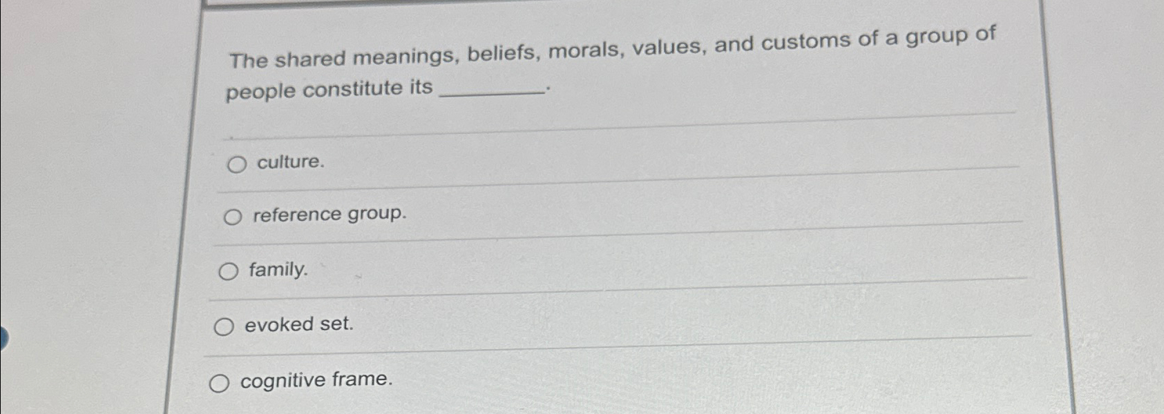 Solved The shared meanings, beliefs, morals, values, and | Chegg.com