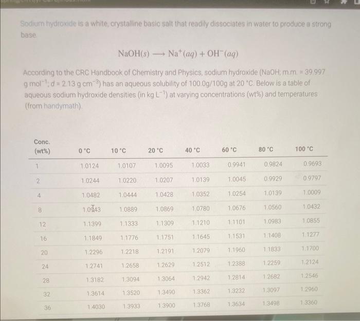 Sodium hydroxide is a white, crystalline basic salt | Chegg.com