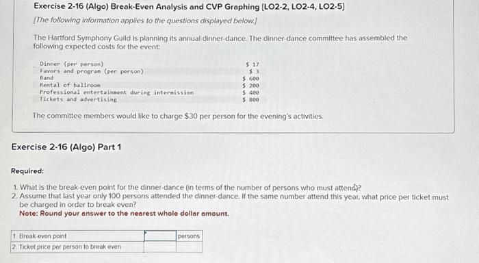 Solved Exercise 2-16 (Algo) Break-Even Analysis and CVP | Chegg.com