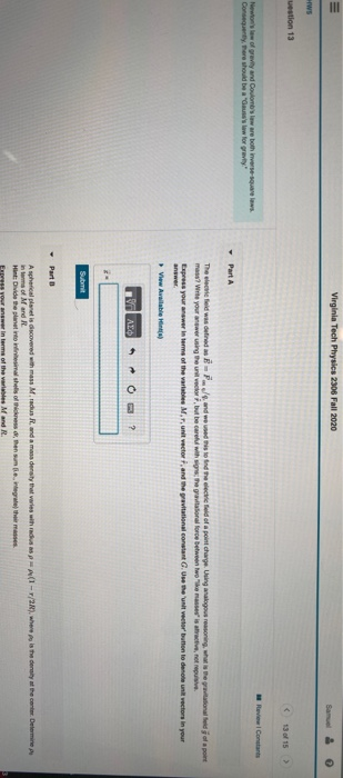 Solved Virginia Tech Physics 2306 Fall 2020 Sam ws estion 13 | Chegg.com