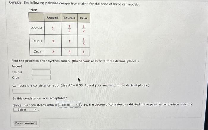 Solved Consider the following pairwise comparison matrix for | Chegg.com