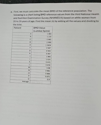 Solved a. ﻿First, we must calculate the mean BMD of the | Chegg.com