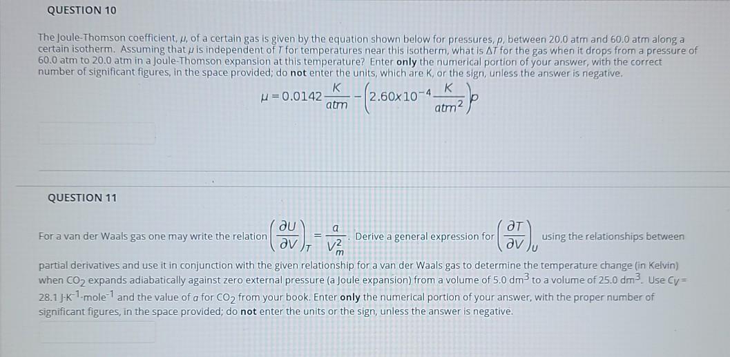 QUESTION 10 The Joule-Thomson coefficient ,, of a | Chegg.com