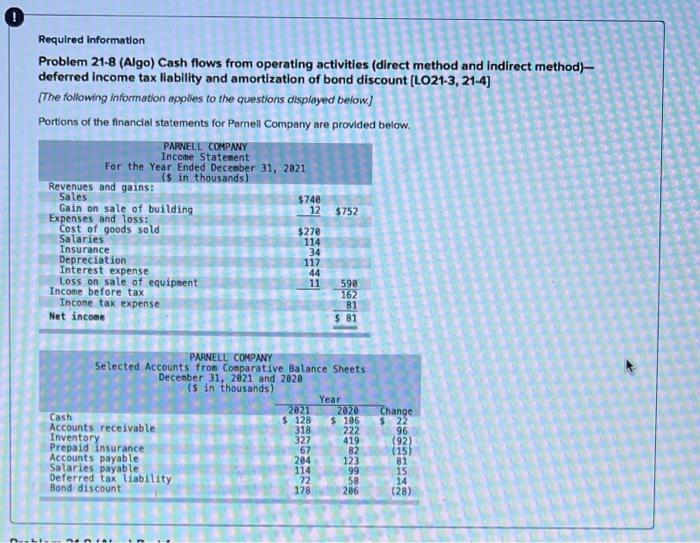 Solved Required Information Problem 21-8 (Algo) Cash flows | Chegg.com