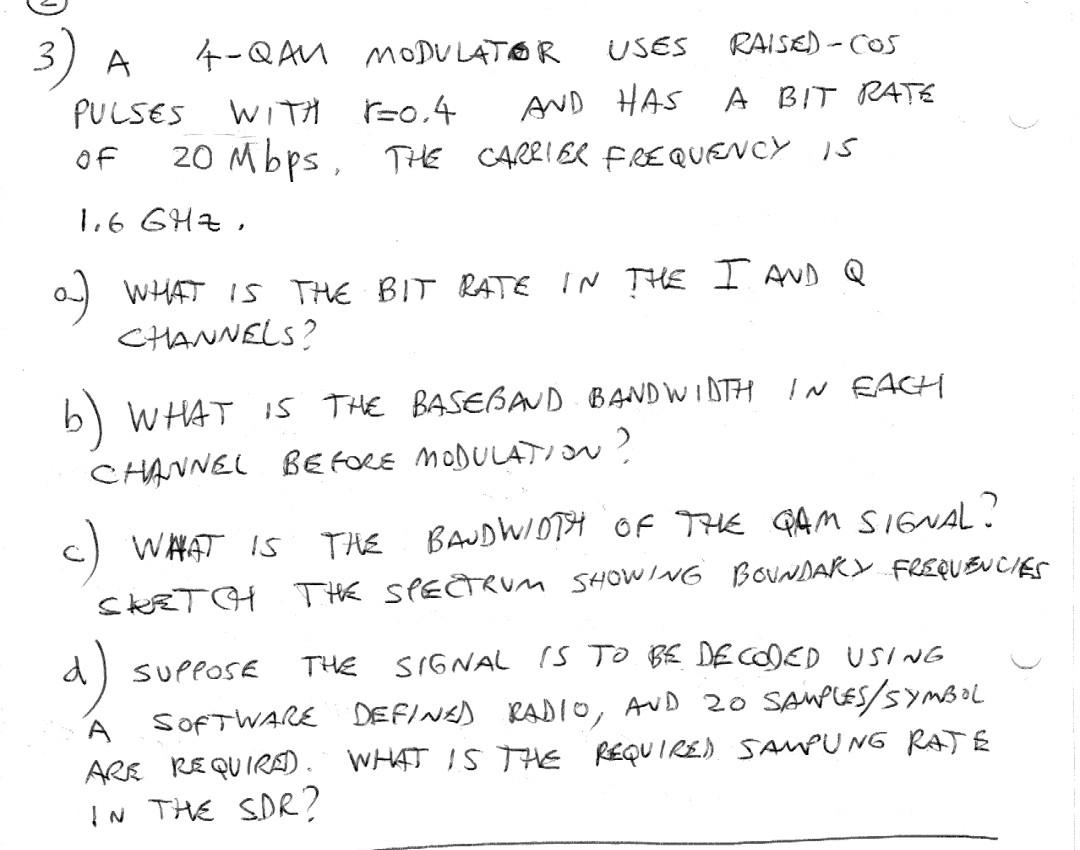 Solved 3) A IT-QAM MODULATOR USES RAISEI-COS pULSES WITH | Chegg.com