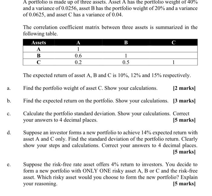Solved A portfolio is made up of three assets. Asset A has | Chegg.com