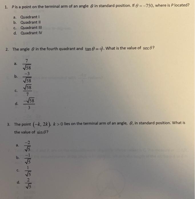 Solved 1. Pis a point on the terminal arm of an angle in | Chegg.com
