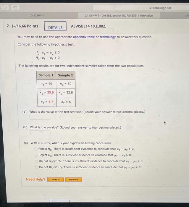 Solved webassign.net Ch 10 HW-1 Ch 10 HW-1 - OM 258, section | Chegg.com