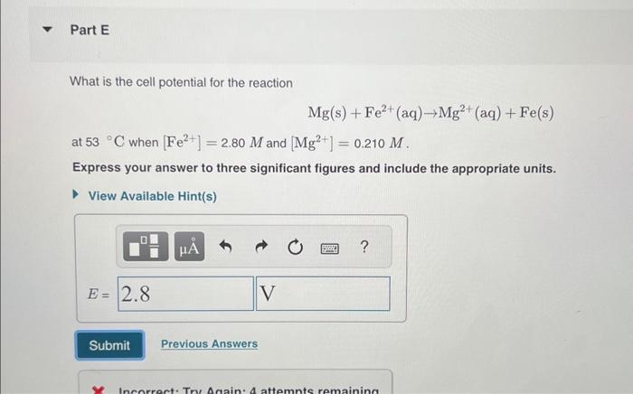 Solved What is the cell potential for the reaction | Chegg.com