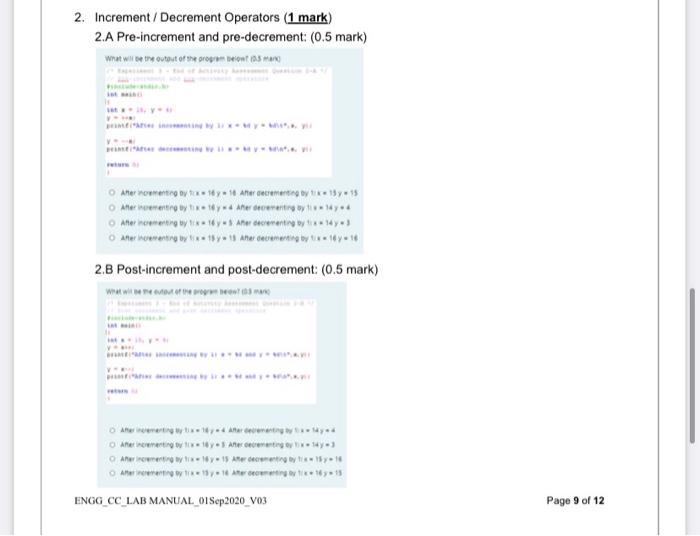 Solved 2. Increment / Decrement Operators (1 mark) 2.A | Chegg.com