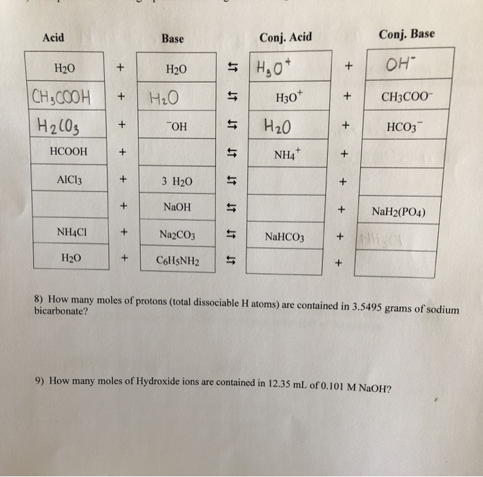 Solved Acid Base Conj. Acid Conj. Base H20 + H20 If H30* + | Chegg.com
